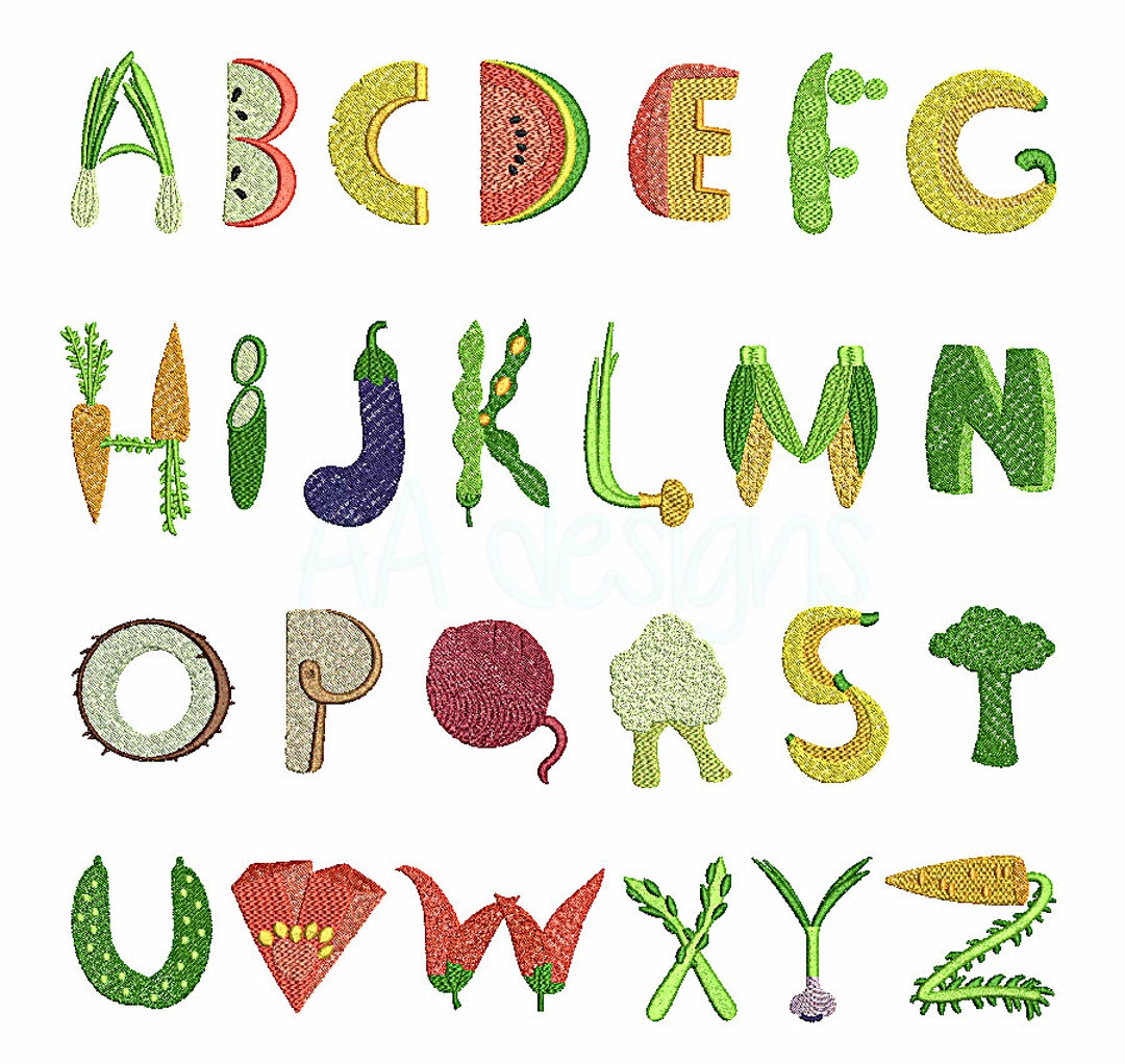 Vegetable Embroidery Font. Machine Embroidery Alphabet for Baby. so ...