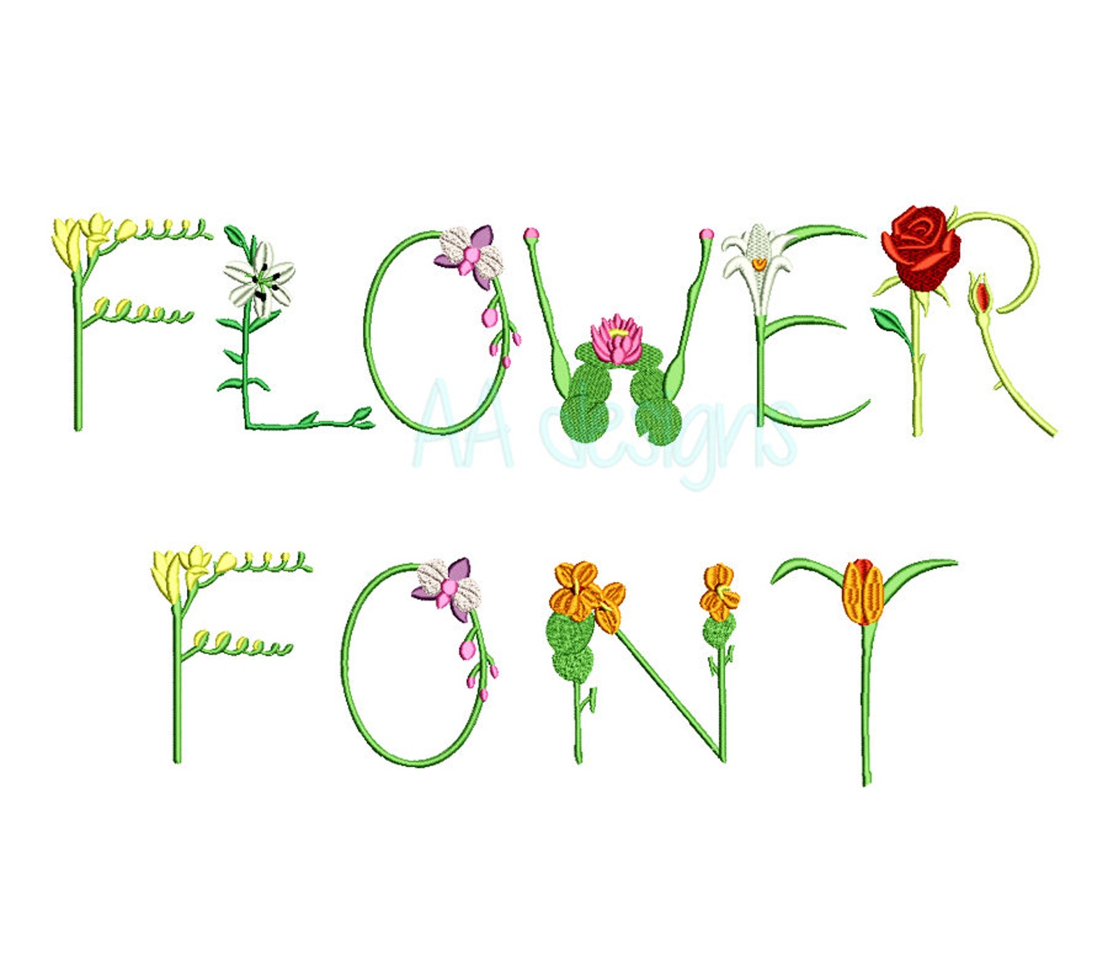 Flower Embroidery Digital Font. Beautiful Flower Embroidery - Etsy