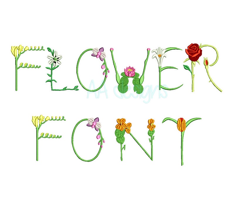 Flower Embroidery Digital Font. Beautiful Flower Embroidery - Etsy