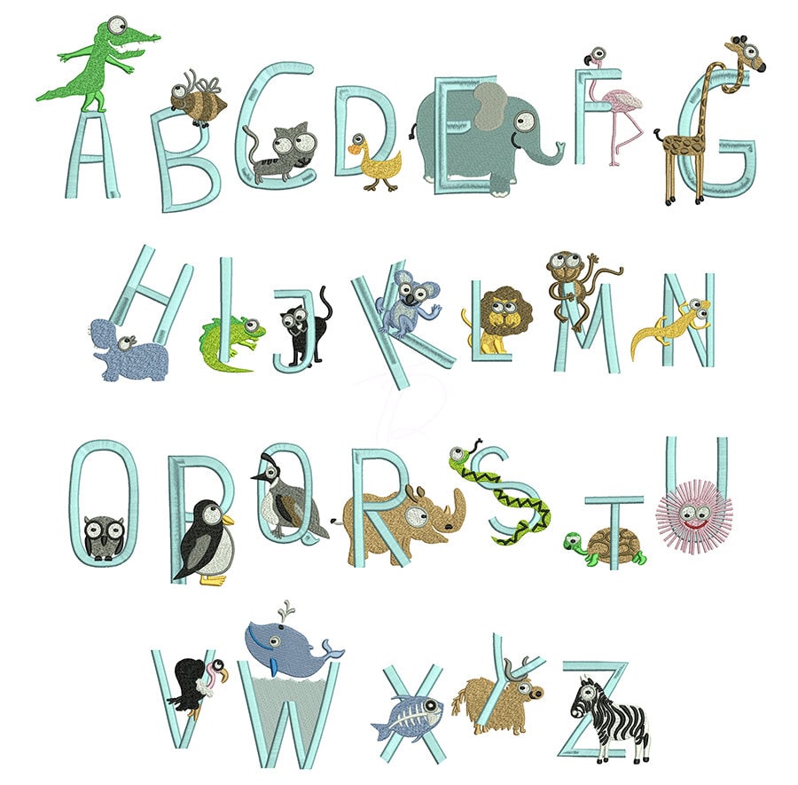 Baby Animals Embroidery Font. Embroidery Font for Baby With Animals ...