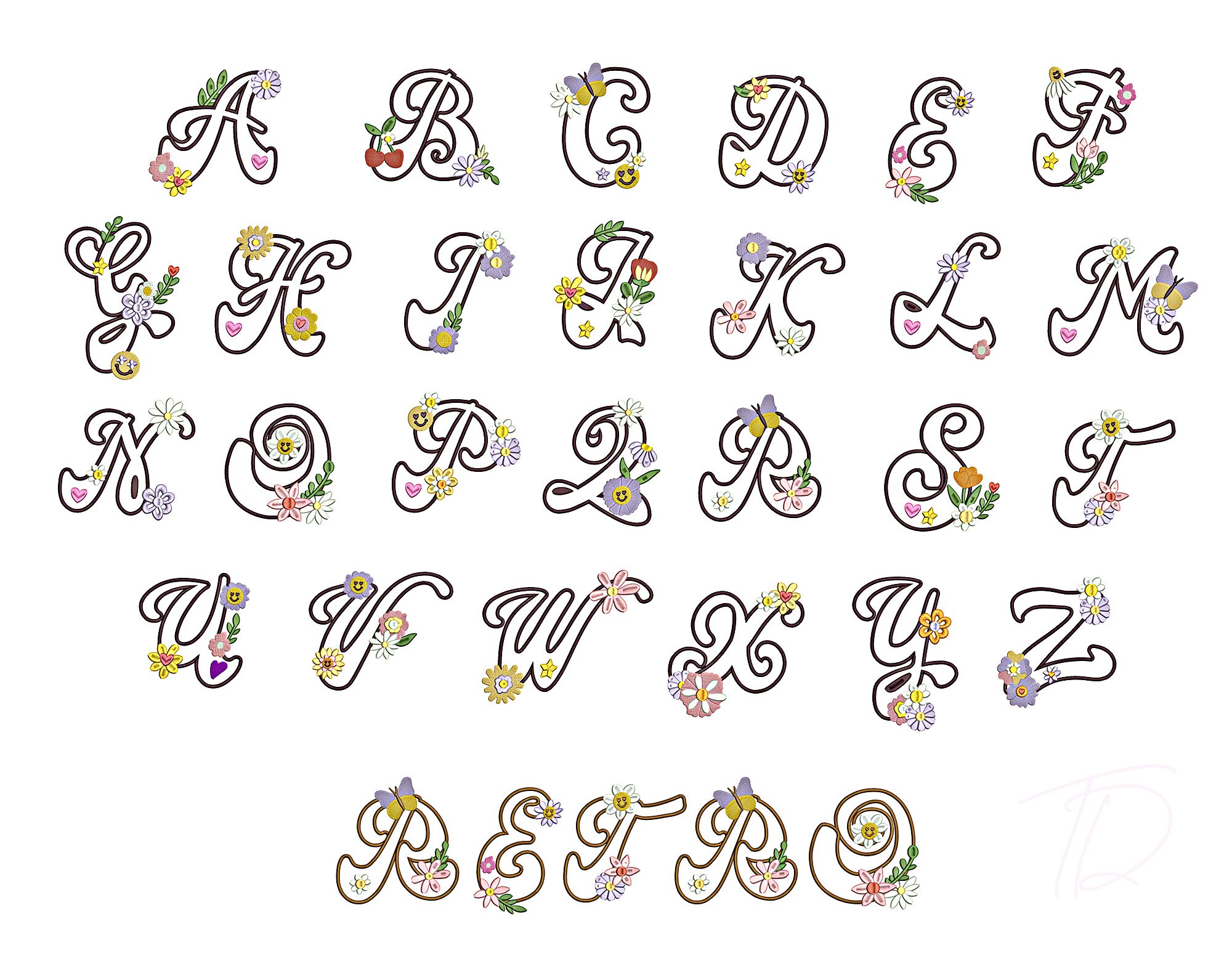 Groovy Retro Applique Embroidery Font. Applique Alphabet for Embroidery ...
