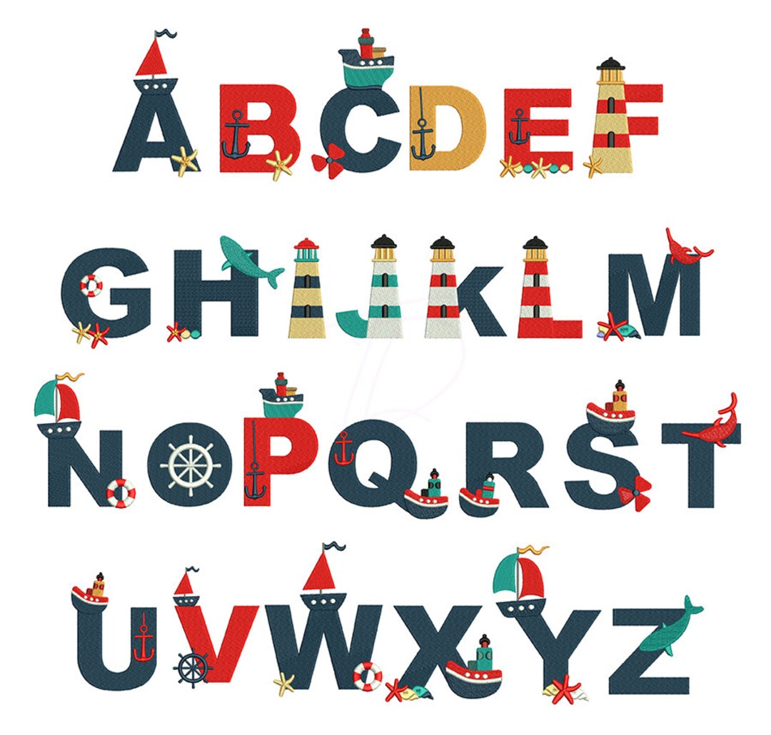 Nautica Embroidery Font. Machine Embroidery With Lighthouse, Sea, Boat ...