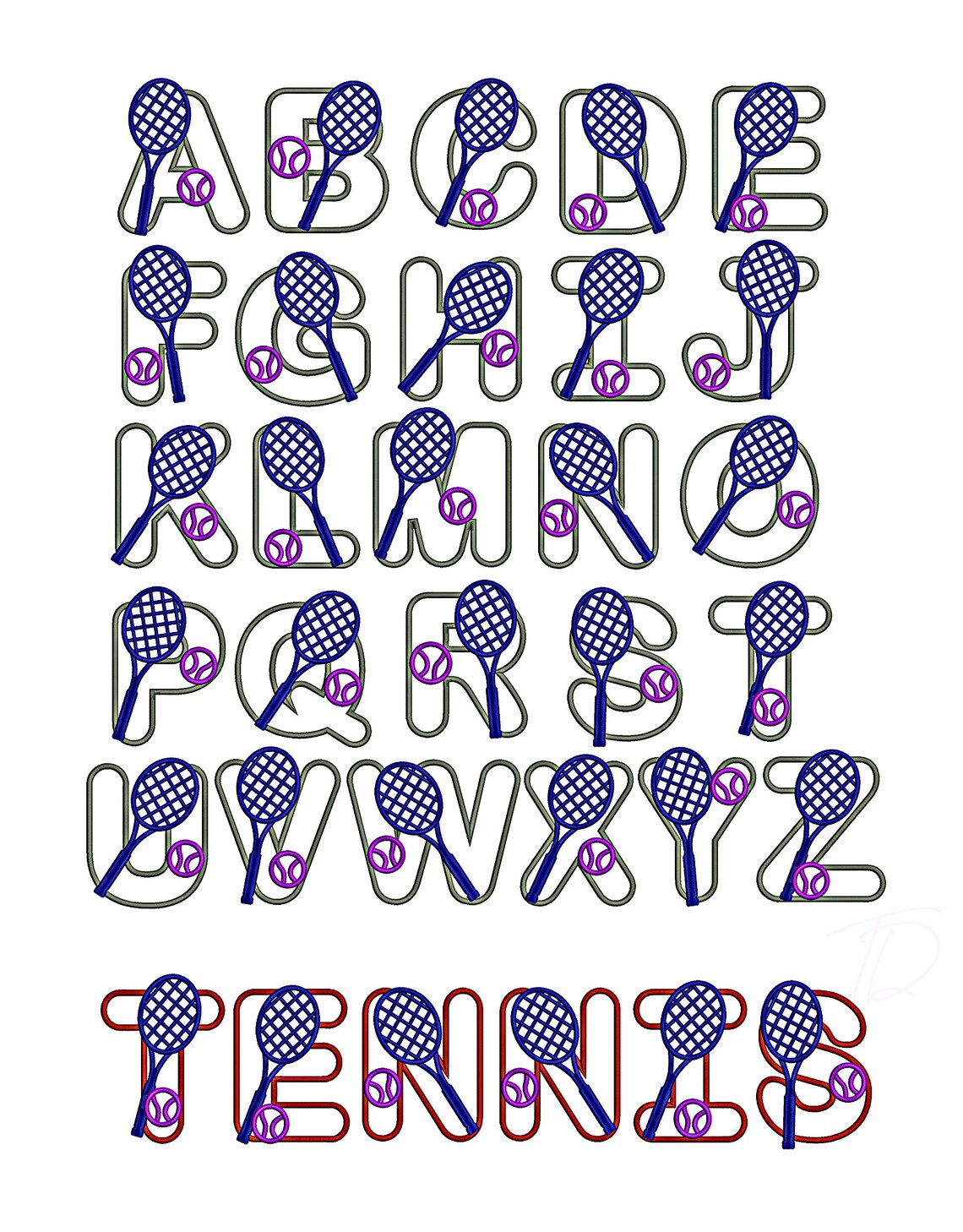 Tennis Applique Embroidery Font. Applique Alphabet With Tennis for ...