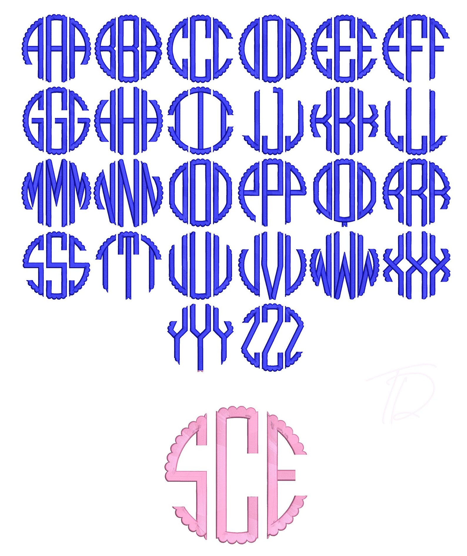 Scalloped Circle Monogram Embroidery Digital Font. Machine Embroidery ...
