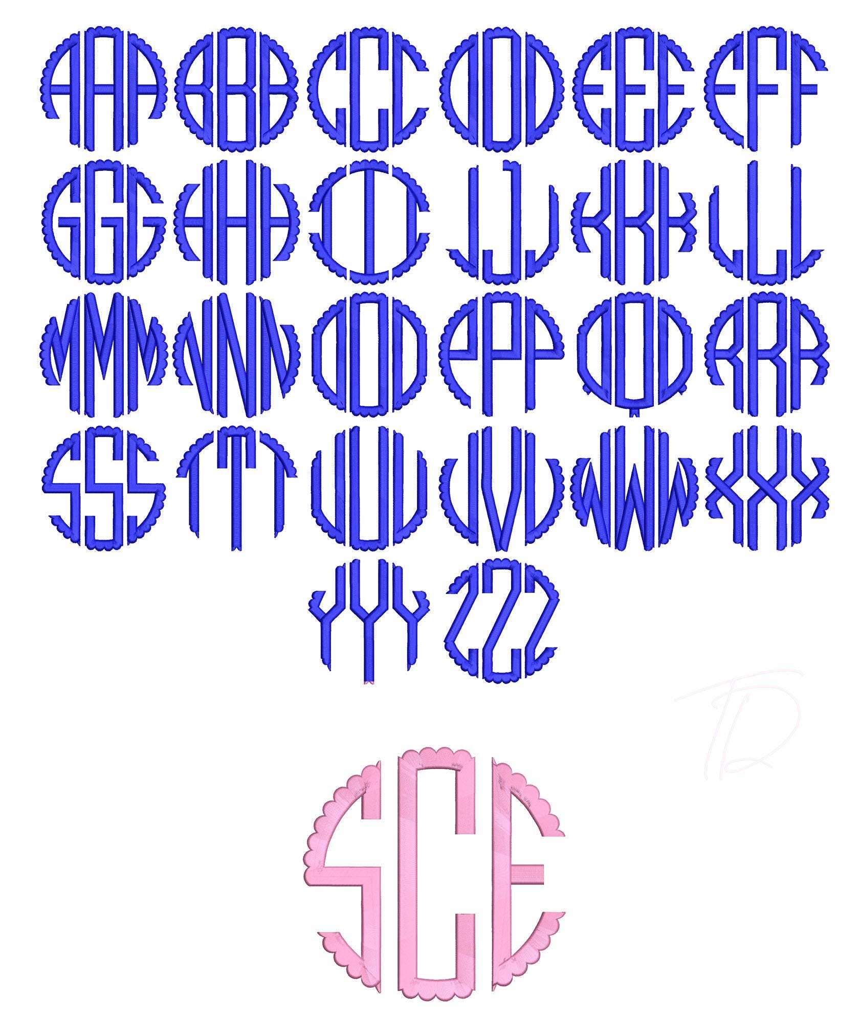 Scalloped Circle Monogram Embroidery Digital Font. Machine Embroidery ...