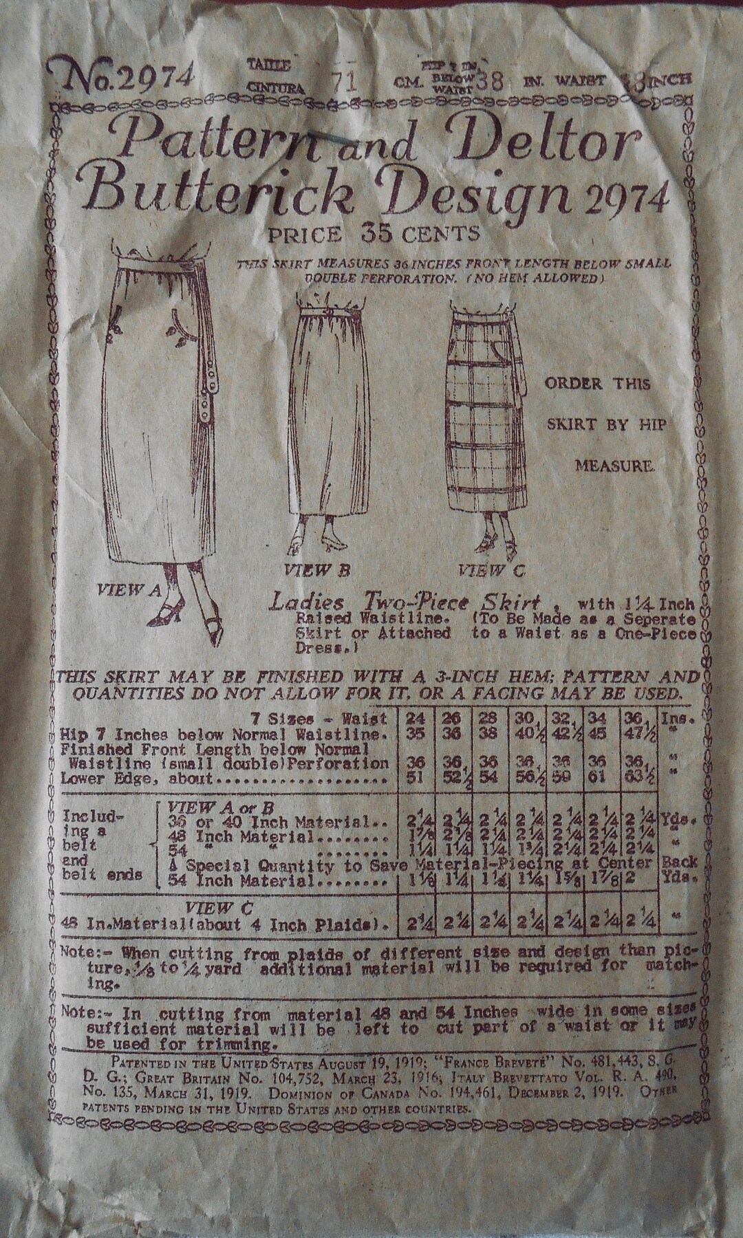 Vintage 1919 Pattern & Deltor Butterick Design 2974 Ladies Skirt - Etsy