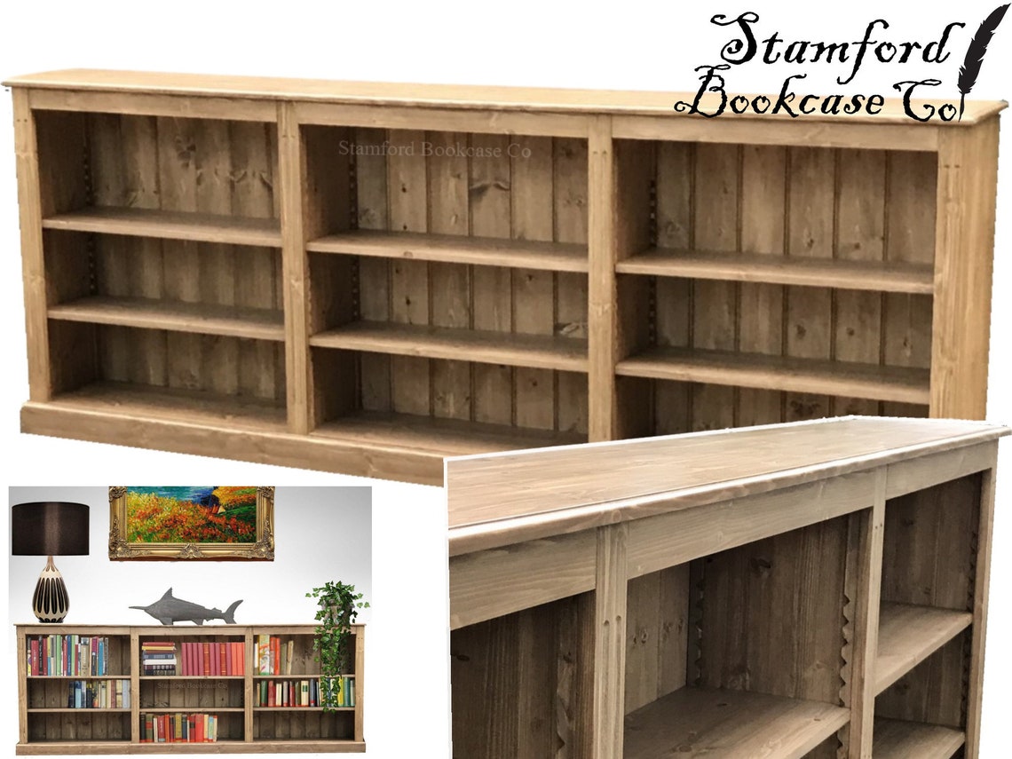 100% Solid Pine, Wooden 3ft X 8ft Wide Bookcase, Adjustable Handcrafted ...