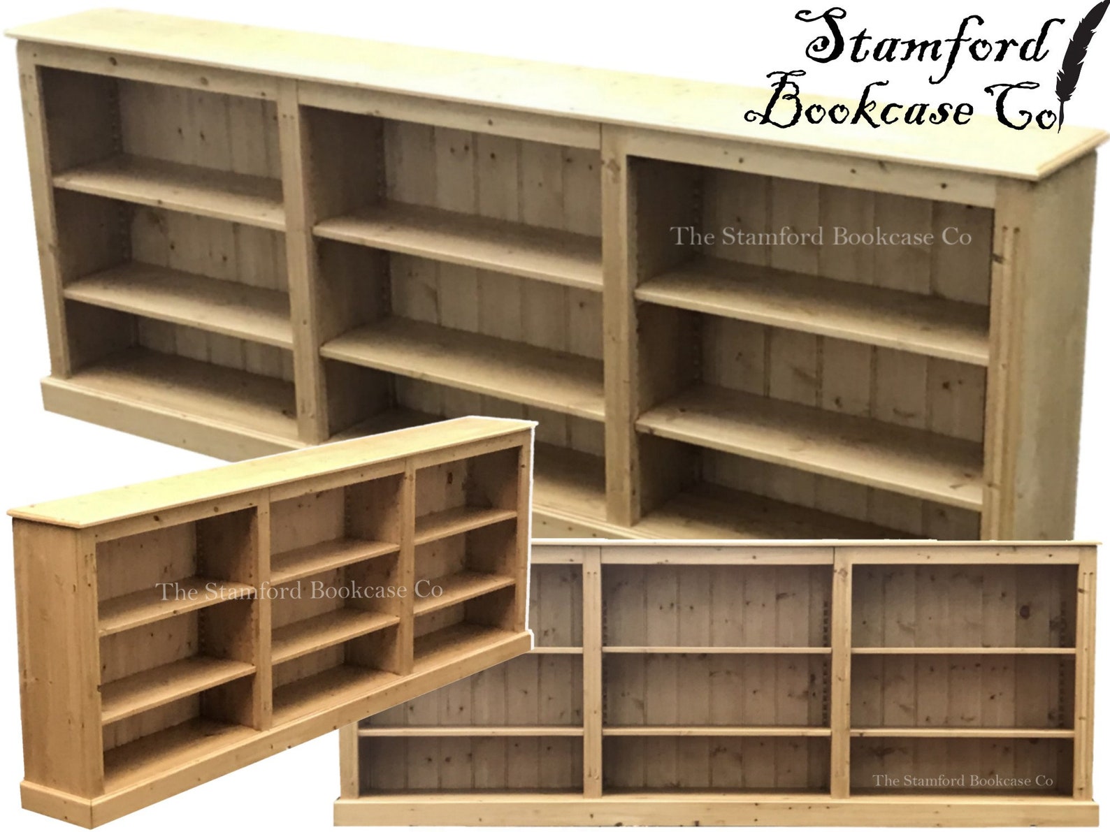 100% Solid Pine, Wooden 3ft X 8ft Wide Bookcase, Adjustable Handcrafted ...