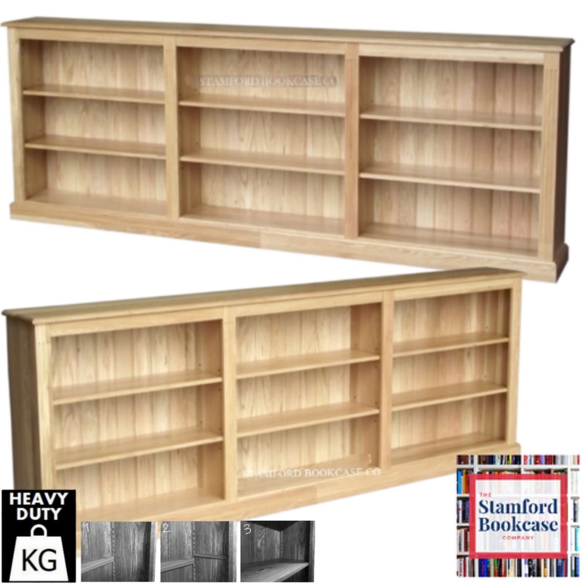Genuine 100% Solid Oak, Low 3ft X 8ft Bookcase, Adjustable Library ...