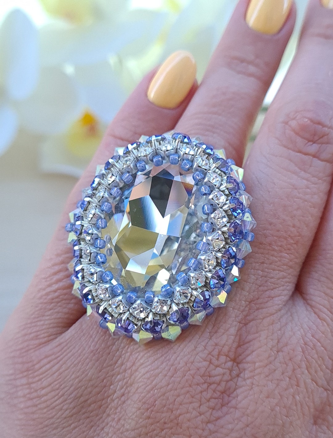 Crystal Chunky Ring for Women Seed Bead Ring Sparkly Ring Large Crystal ...