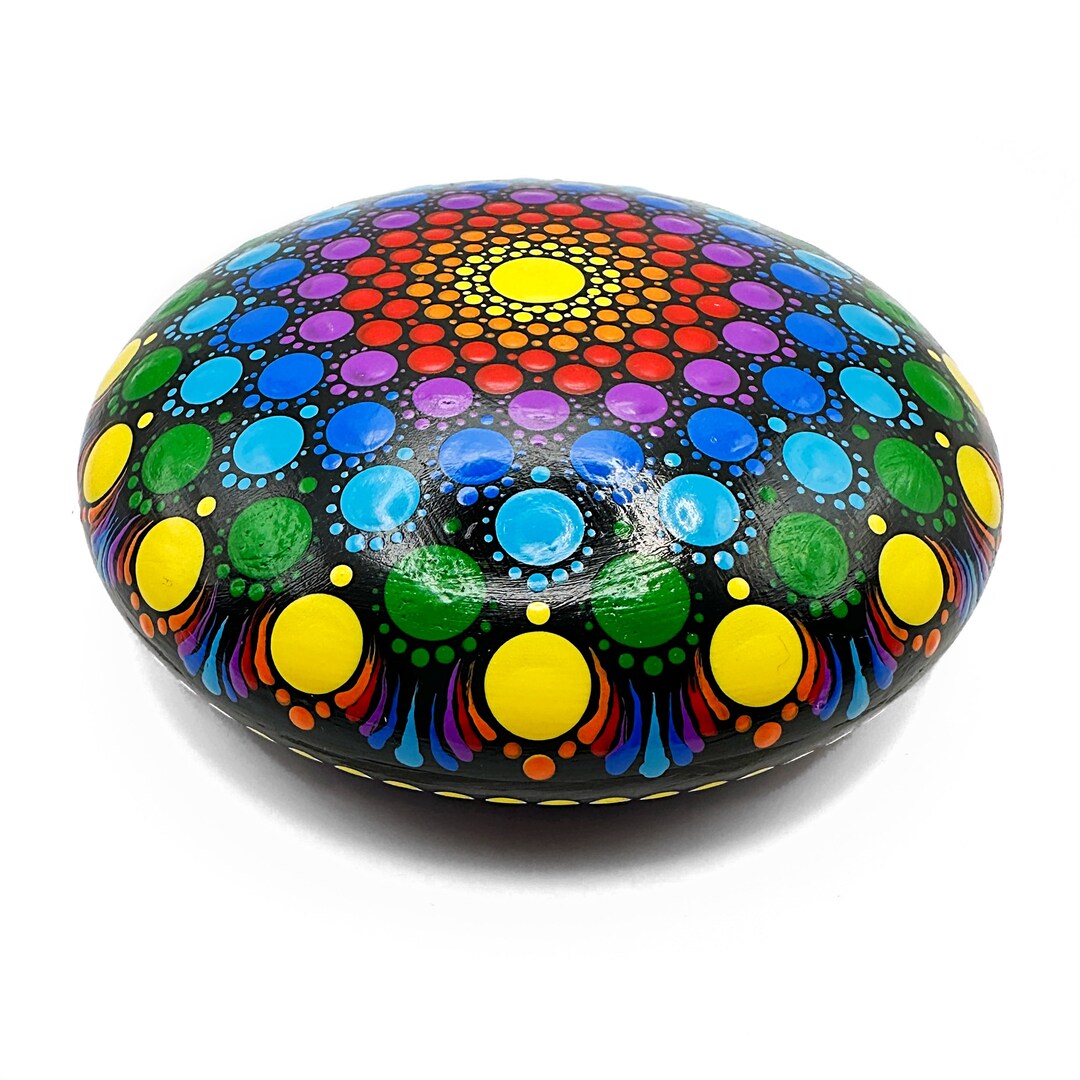 Mandala Hand-painted Large Round Stone - Rainbow Colors - Etsy