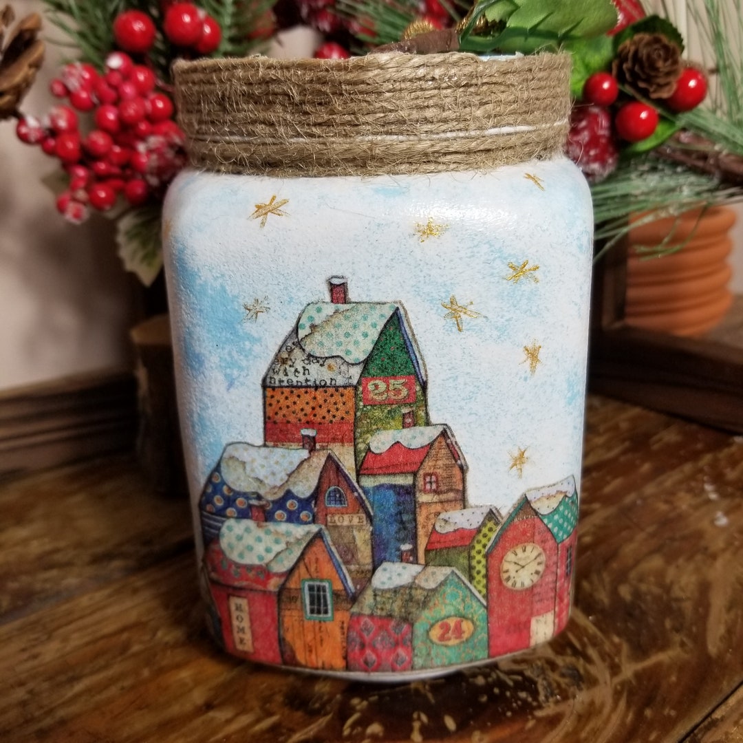 Christmas Jar With Lid, Patchwork Village & Santa, Gold Berries Twine ...