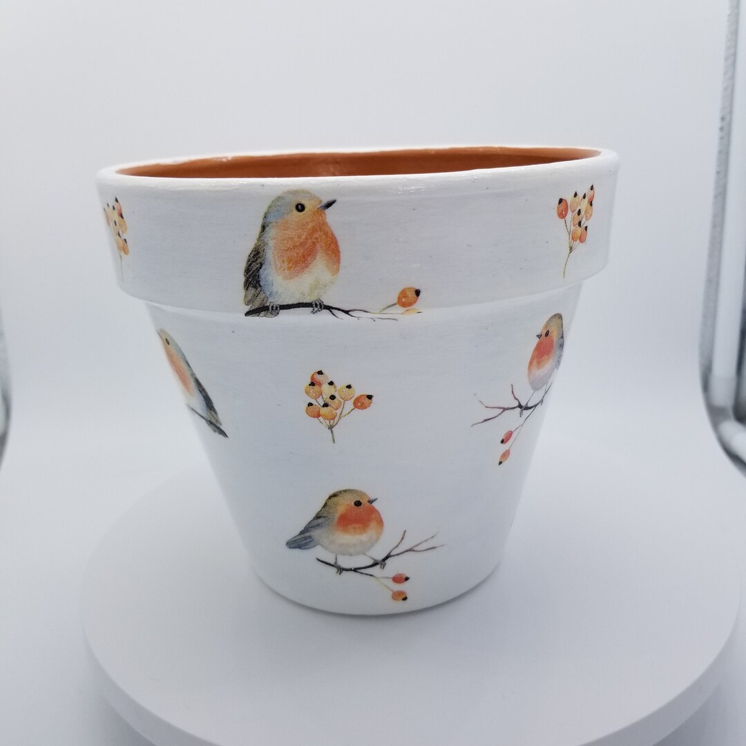 Robins and Berries Hand Painted, Decoupaged 6 Inch Flower Pot, Glossy ...