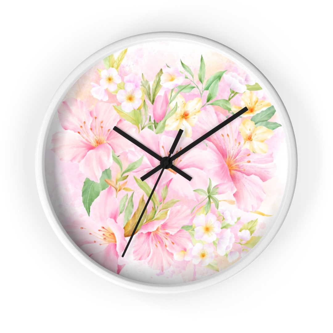 Airy Blush Pink Watercolor Flowers Wall Clock Lily Apple Blossom Floral ...