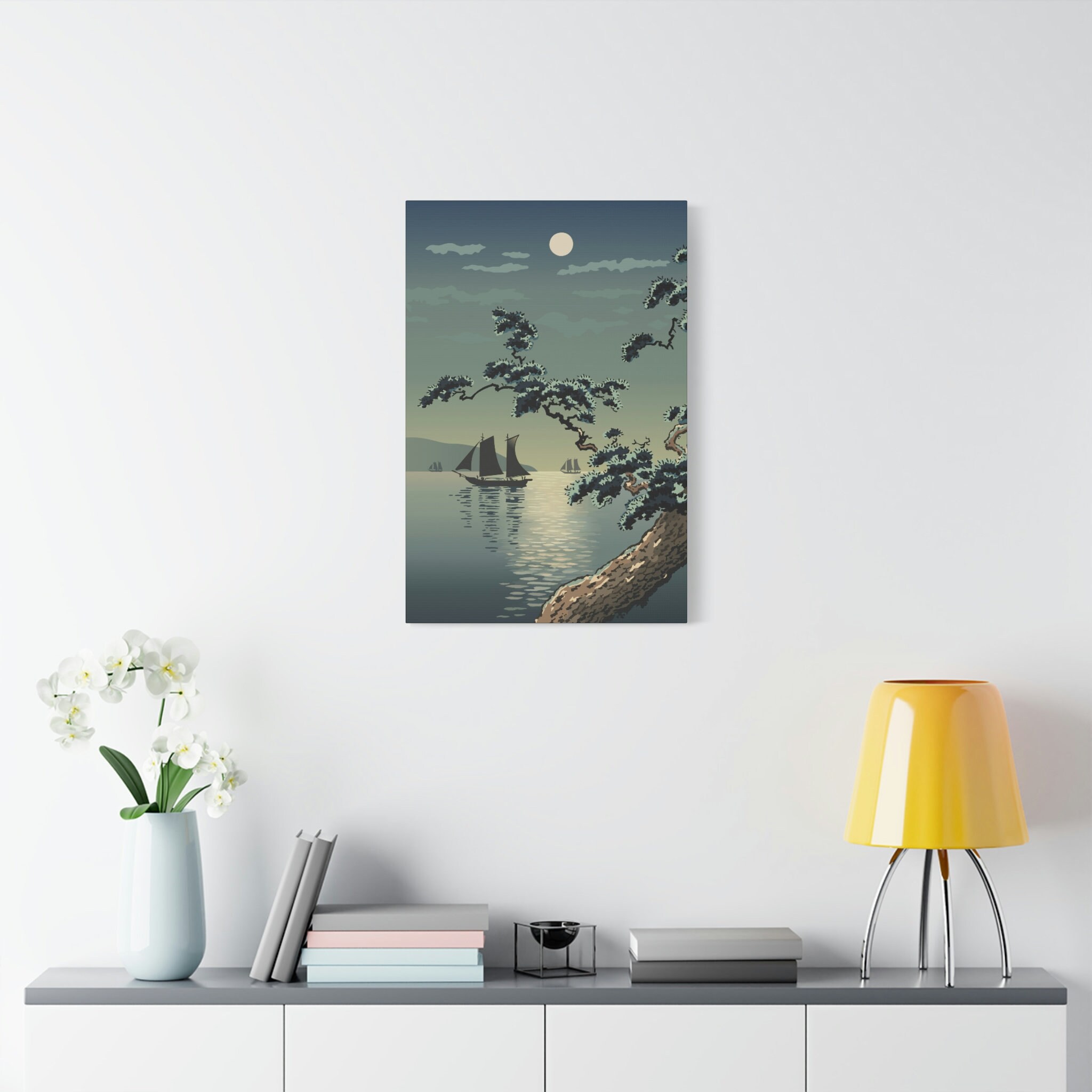 Japanese Art Maiko Sea Shore Night Fishing Sailboats Moonlight Seascape ...