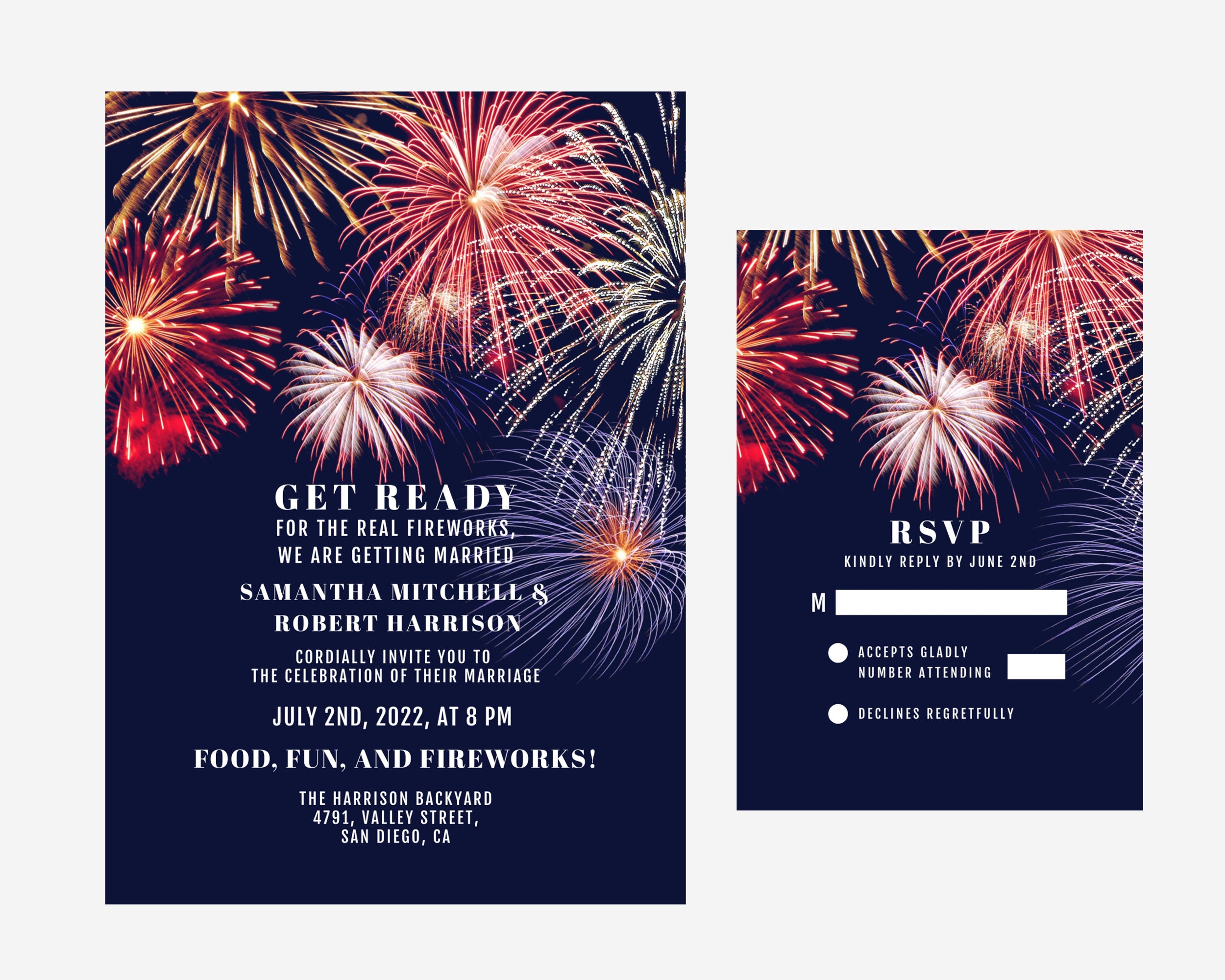Fireworks Dark Blue Wedding Invitation Template, Downloadable Wedding ...