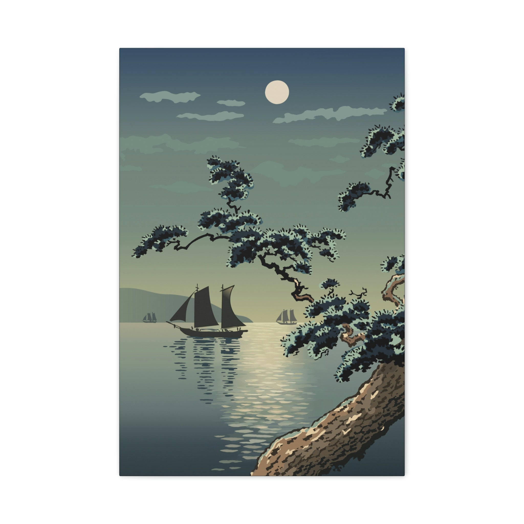 Japanese Art Maiko Sea Shore Night Fishing Sailboats Moonlight Seascape ...