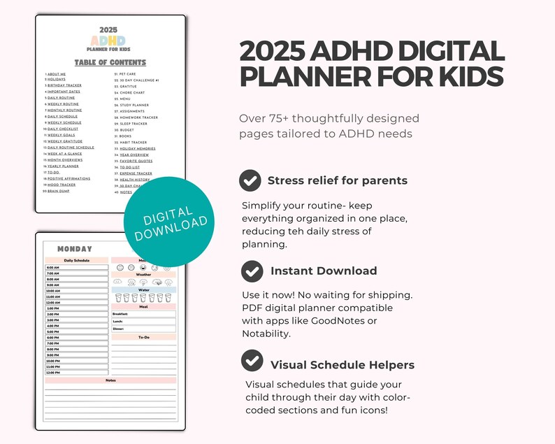 ADHD Digital Planner for Kids| 75+ Page Customizable PDF| Fillable ...