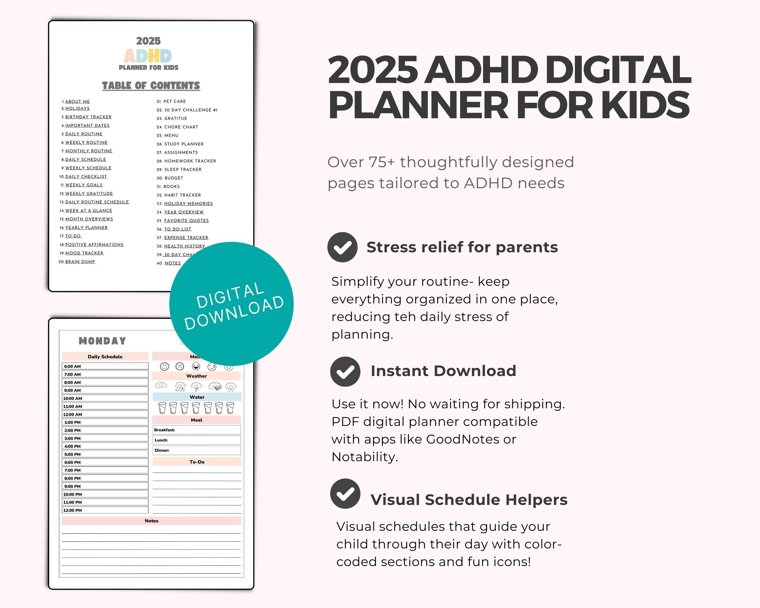 ADHD Digital Planner for Kids| 75+ Page Customizable PDF| Fillable ...