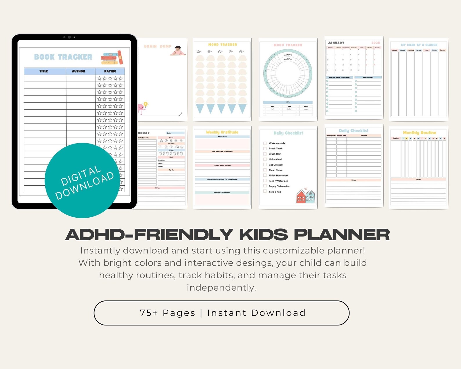 ADHD Digital Planner for Kids| 75+ Page Customizable PDF| Fillable ...