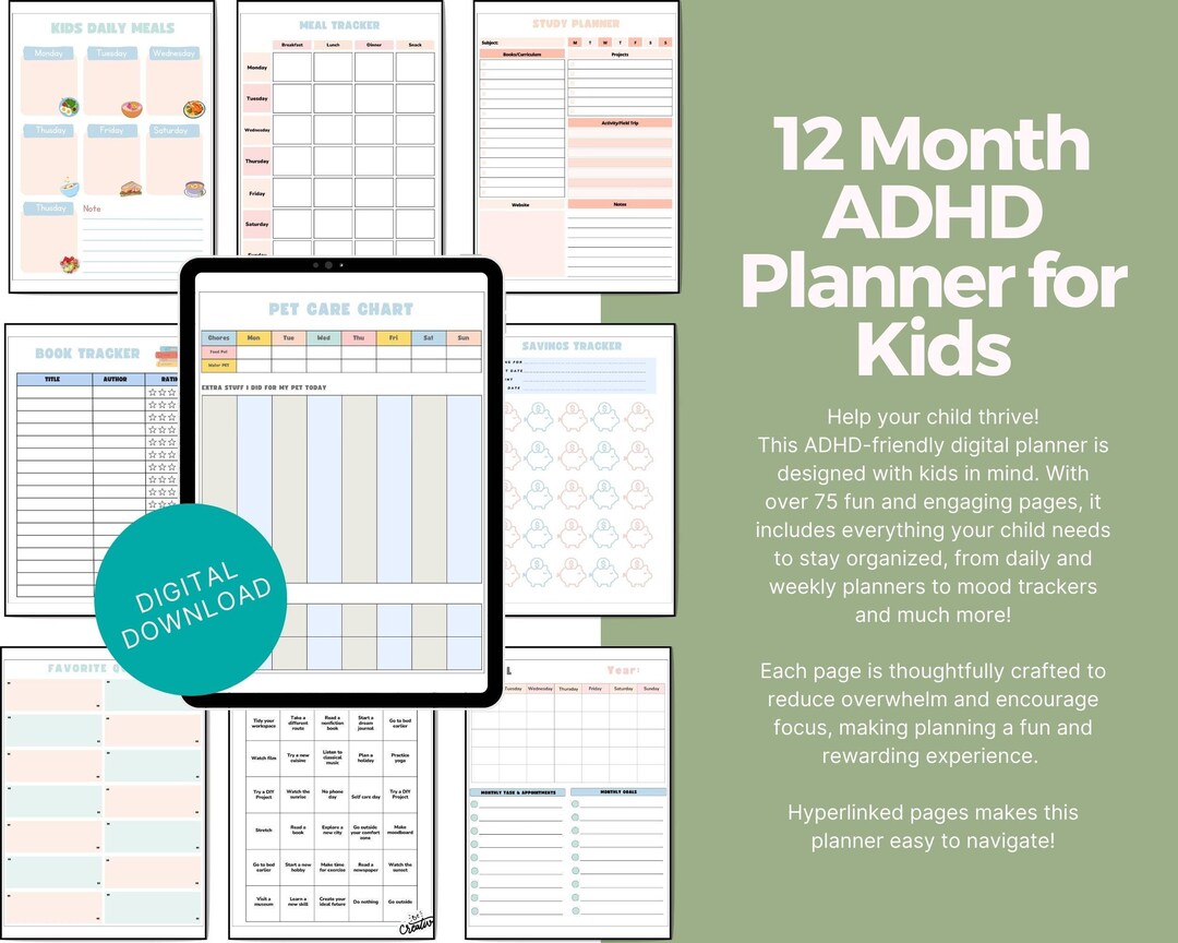 Kids ADHD Digital Planner| 75 Page Undated PDF Download| Daily Routines ...