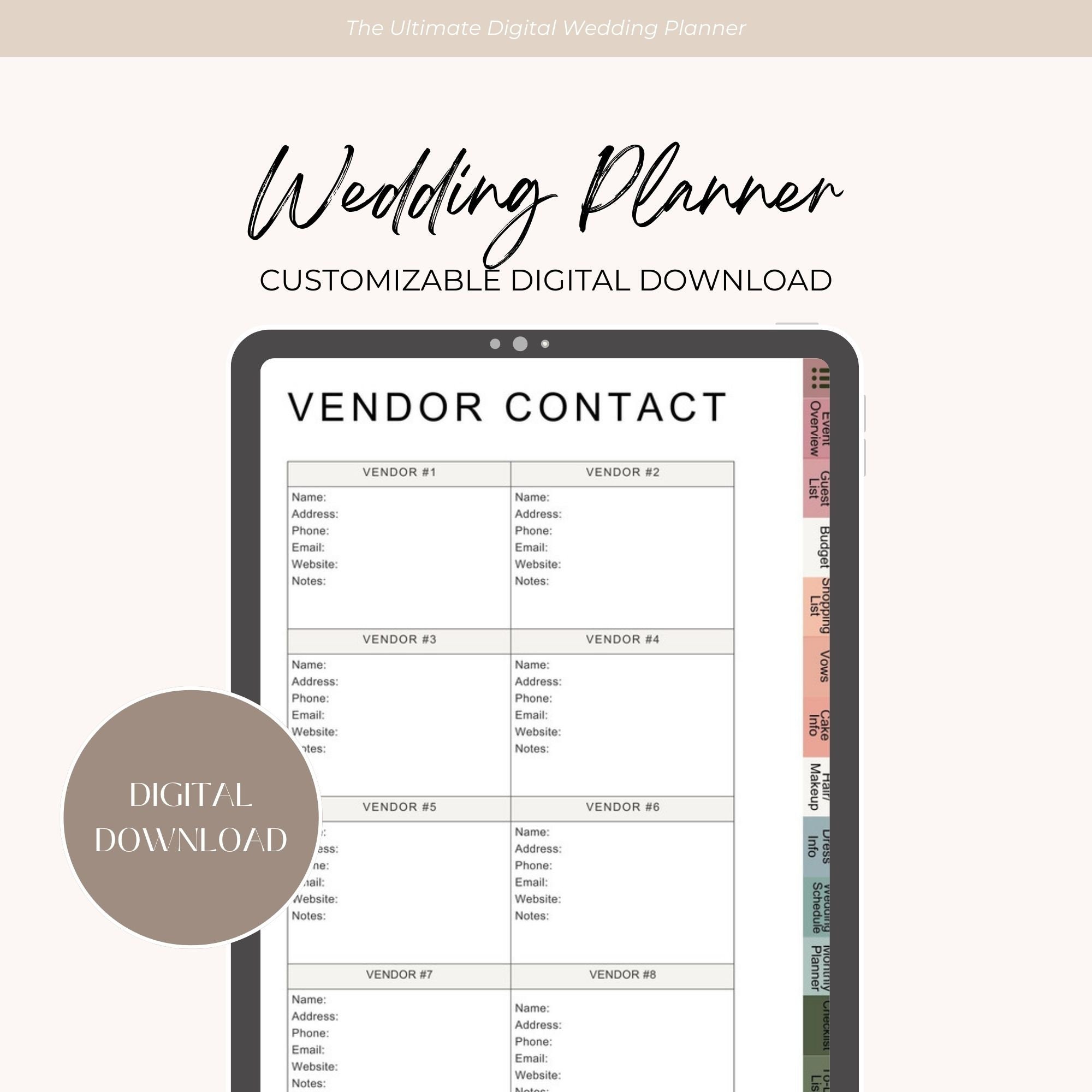 Digital Wedding Planner Custom, Instant Download, Custom Planner ...