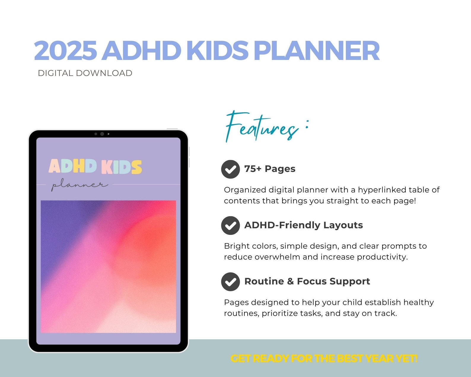 ADHD Digital Planner for Kids| 75+ Page Customizable PDF| Fillable ...