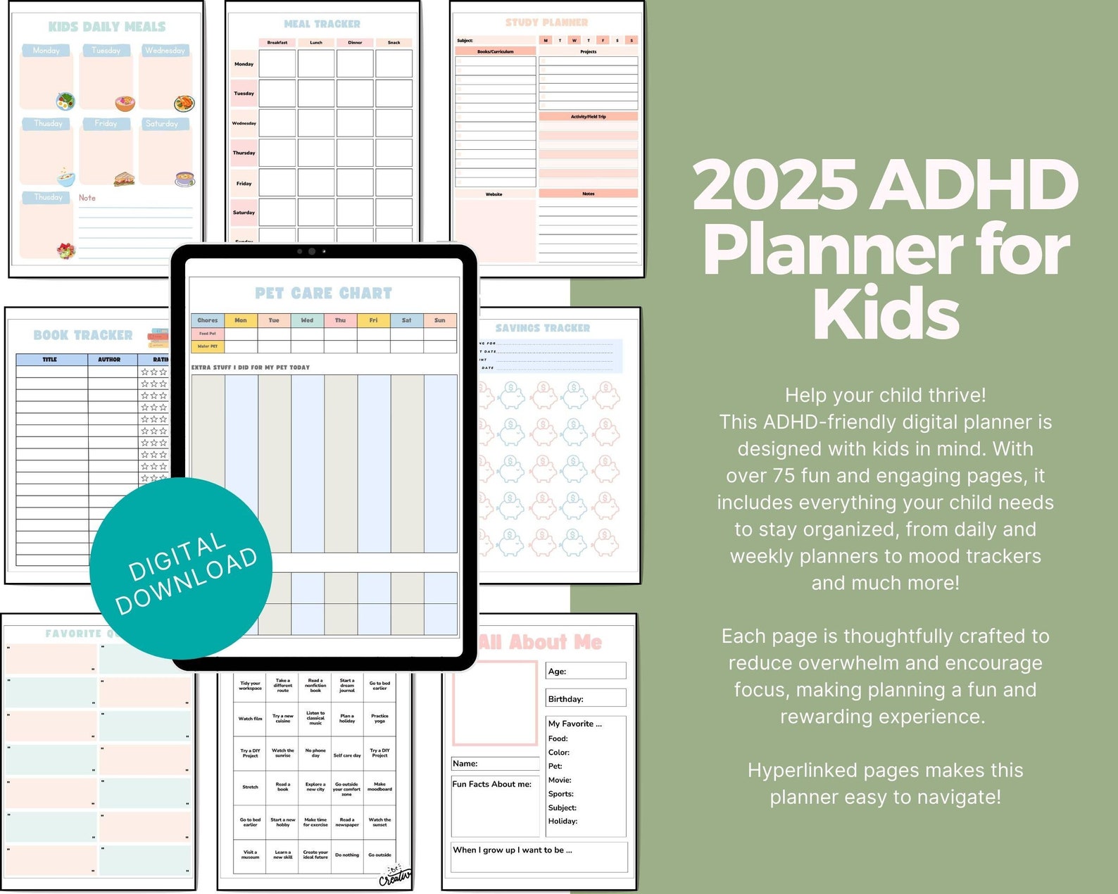 ADHD Digital Planner for Kids| 75+ Page Customizable PDF| Fillable ...