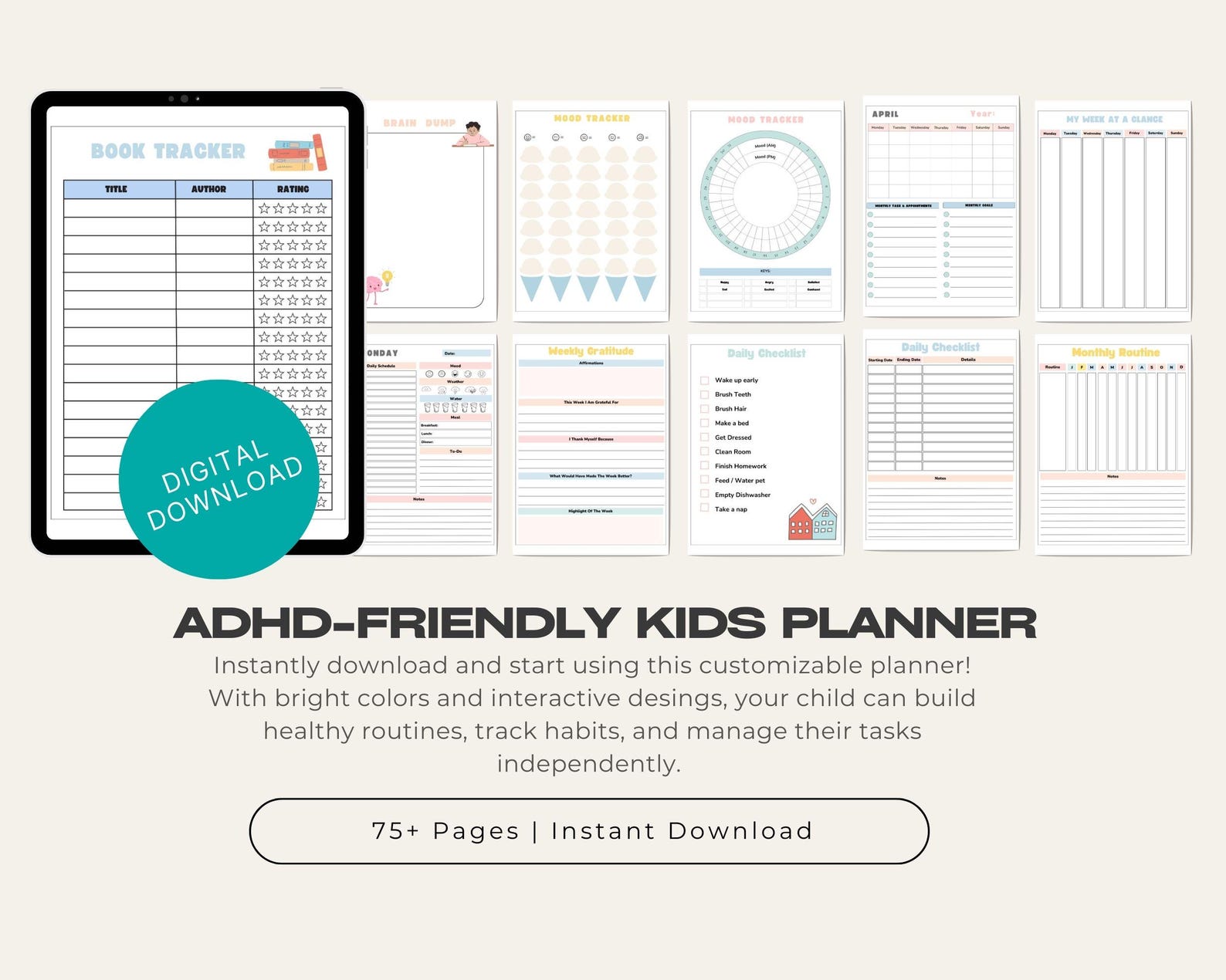 ADHD Digital Planner for Kids, 75 Page Undated PDF Download, ADHD Tools ...