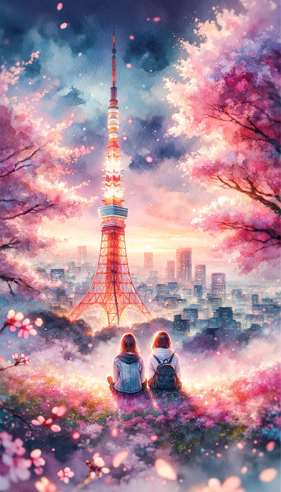 Digital Water Color Art of Tokyo Cityscape During Cherry Blossom Season ...
