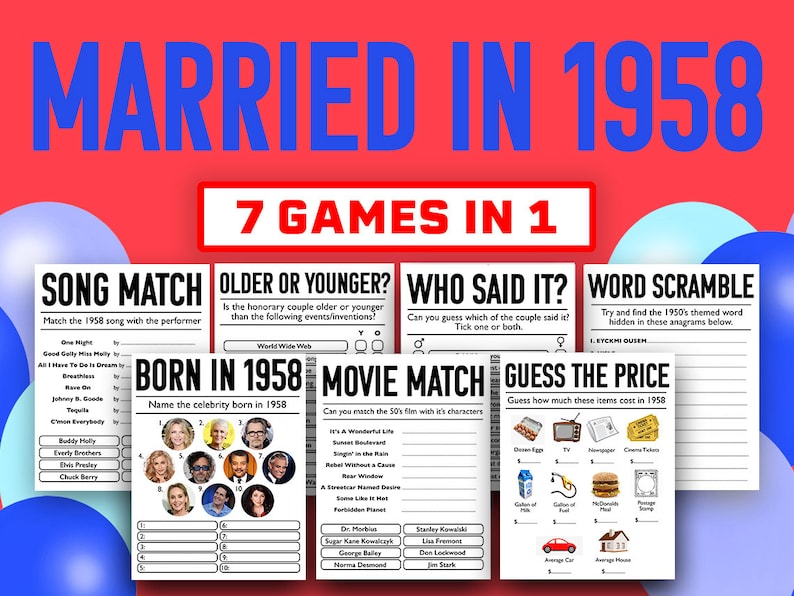 65th Anniversary Party Games || Married in 1958 Games Bundle ...