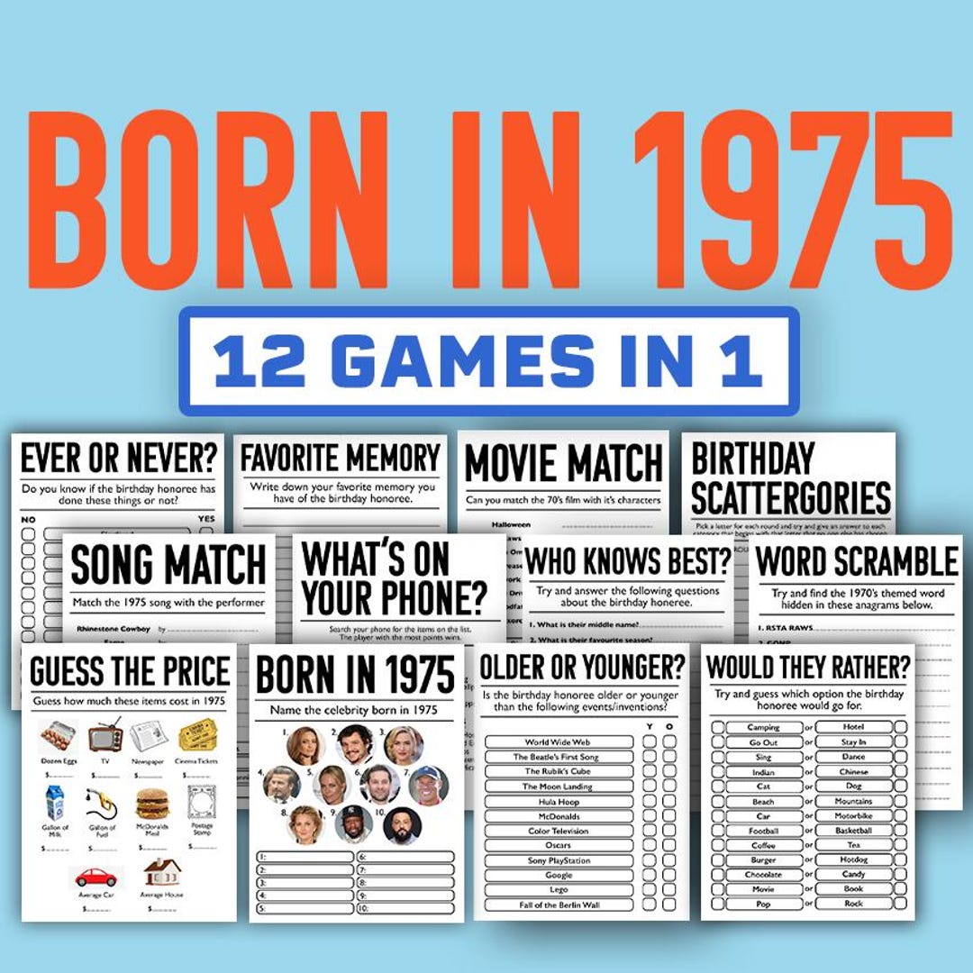 50th Birthday Party Games || Born in 1975 Games Bundle || Printable ...