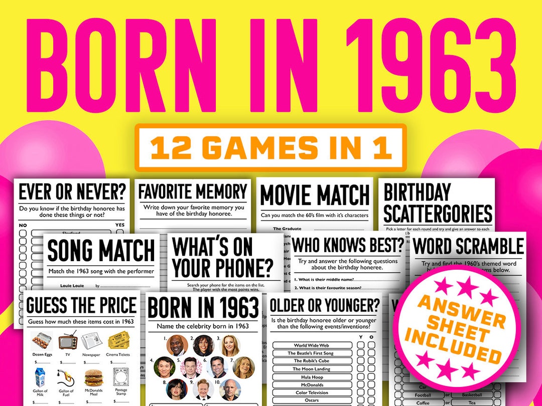 60th Birthday Party Games Born in 1963 Games Bundle Printable Games ...