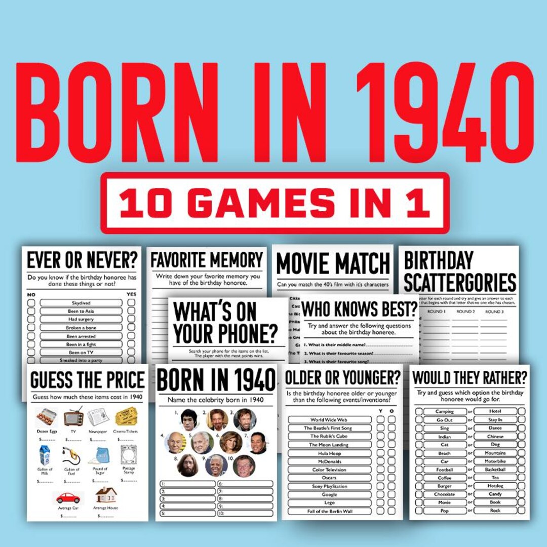 85th Birthday Party Games || Born in 1940 Games Bundle || Printable ...