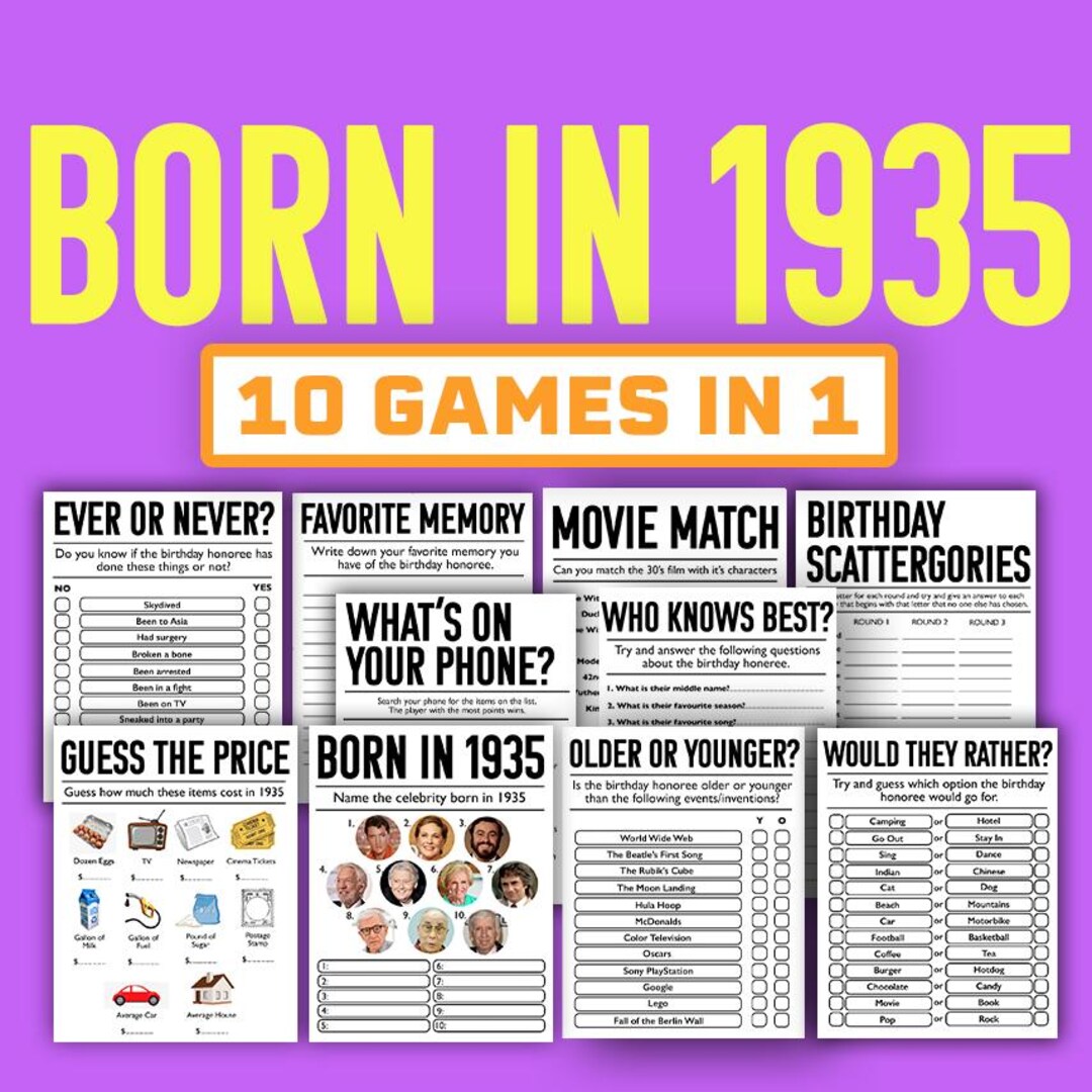 90th Birthday Party Games || Born in 1935 Games Bundle || Printable ...