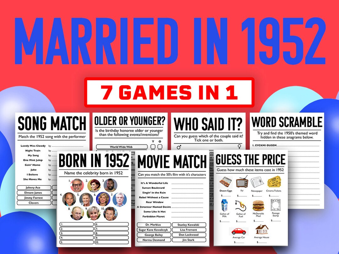 71st Anniversary Party Games || Married in 1952 Games Bundle ...