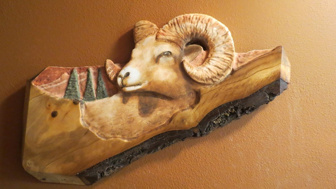 Rocky Mountain Bighorn Ram Hand Carved From Live Edge Walnut, Sheep ...
