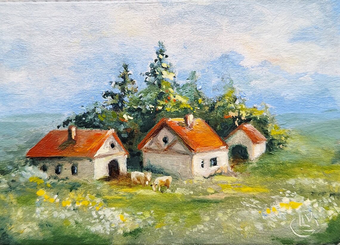 Mini Paintings Smal Painting Fine Art Farm Village Landscape Acio - Etsy