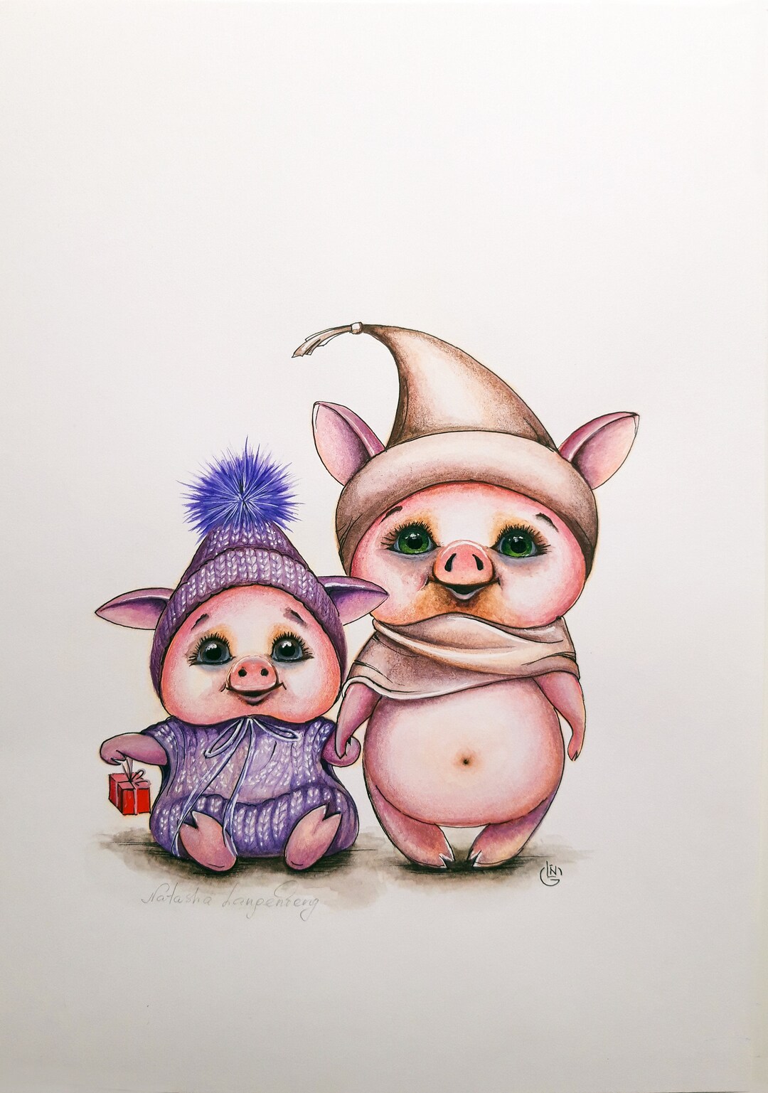 Ferkel Gemälde Kleine Kinder Original Art Aquarell Zwei kleine Bruder ...