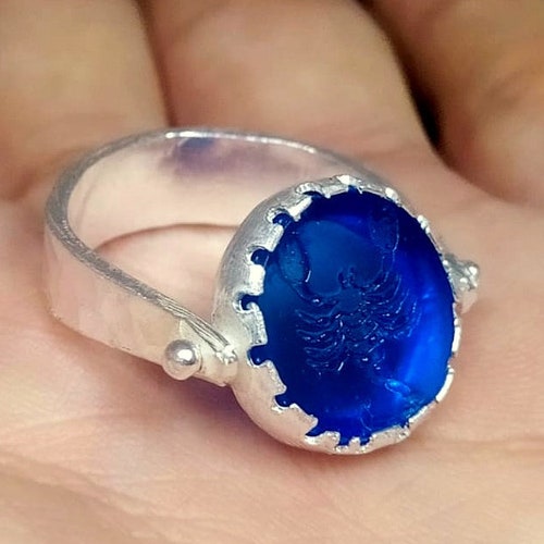 Intaglio Glass Silver Ring Engraving Art Glass Ring Gold - Etsy