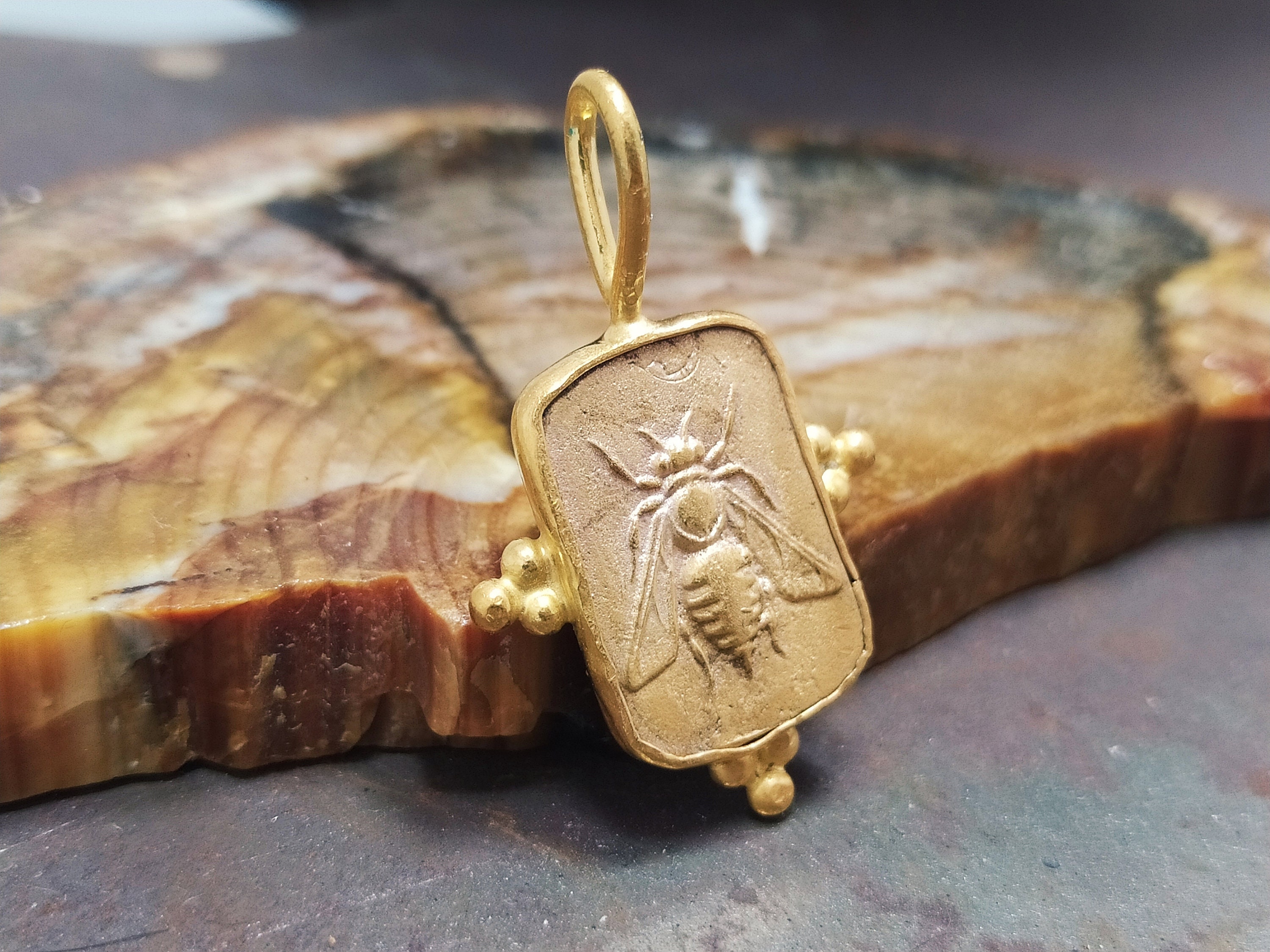 Honey Bee Intaglio Gold Coin Pendant Roman Coin 14k Gold Pendant Greek ...