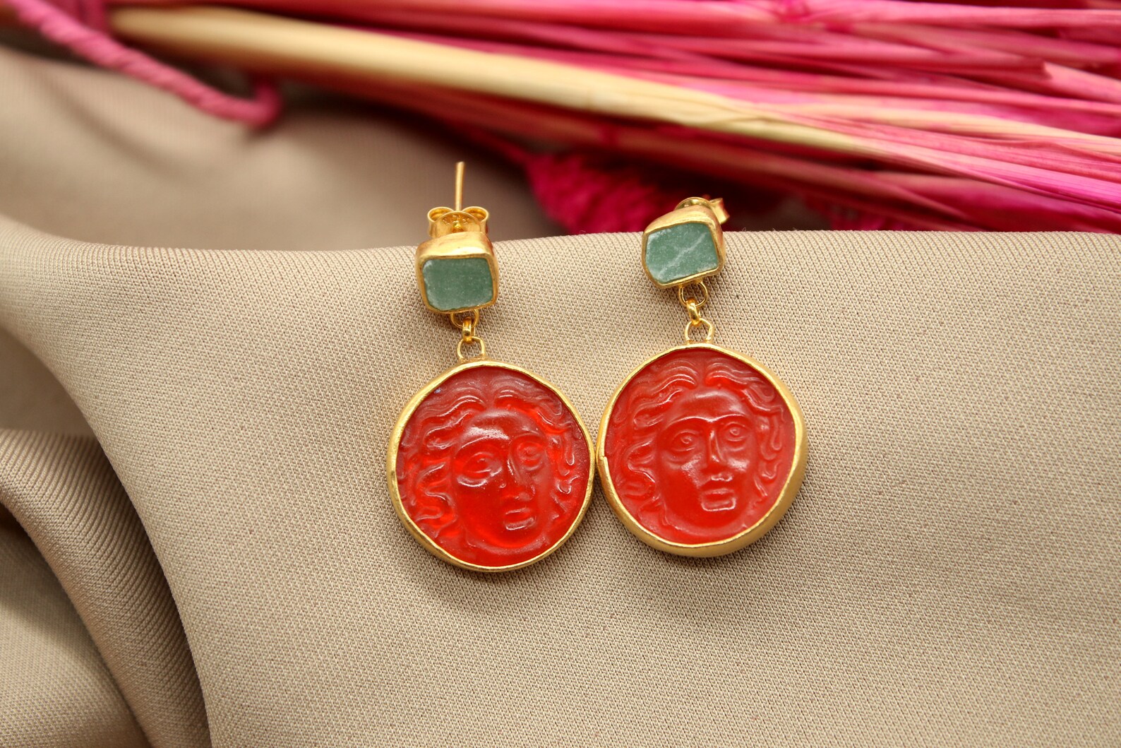 Emerald Apollo Silver Earrings With Pearl Intaglio Glass Apollo Greek ...