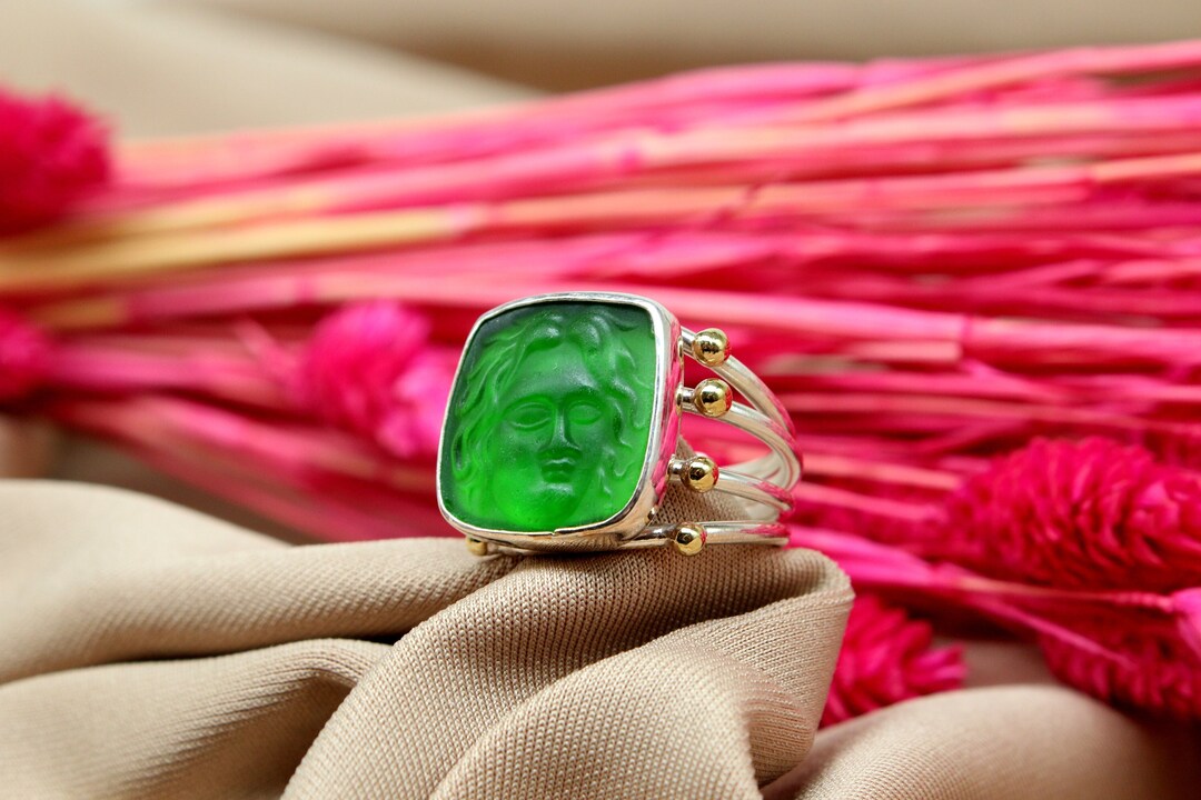Medusa Intaglio Glass Silver Ring | Intaglio Art Glass Ring Gold Over ...