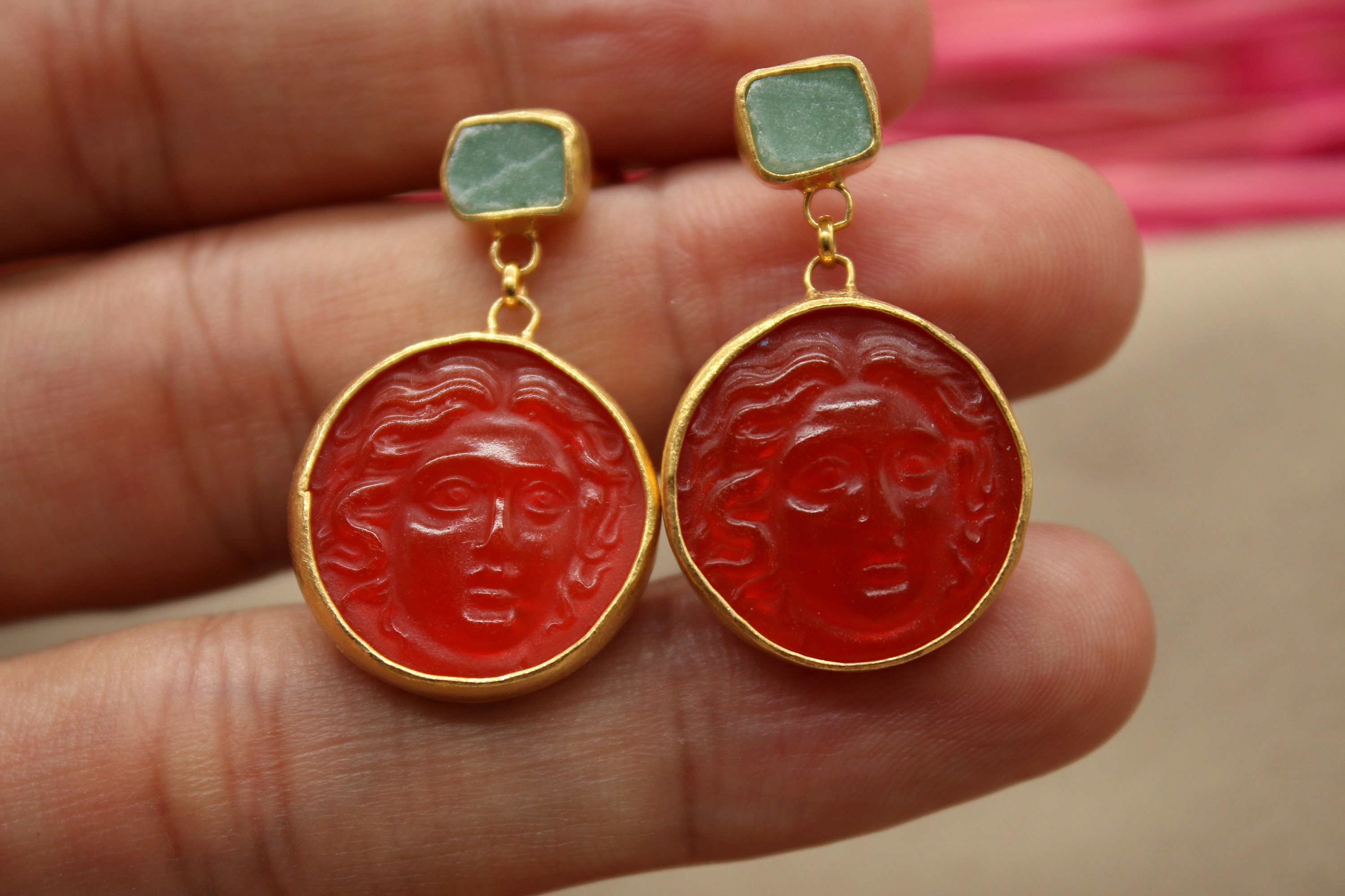 Emerald Apollo Silver Earrings With Pearl Intaglio Glass Apollo Greek ...