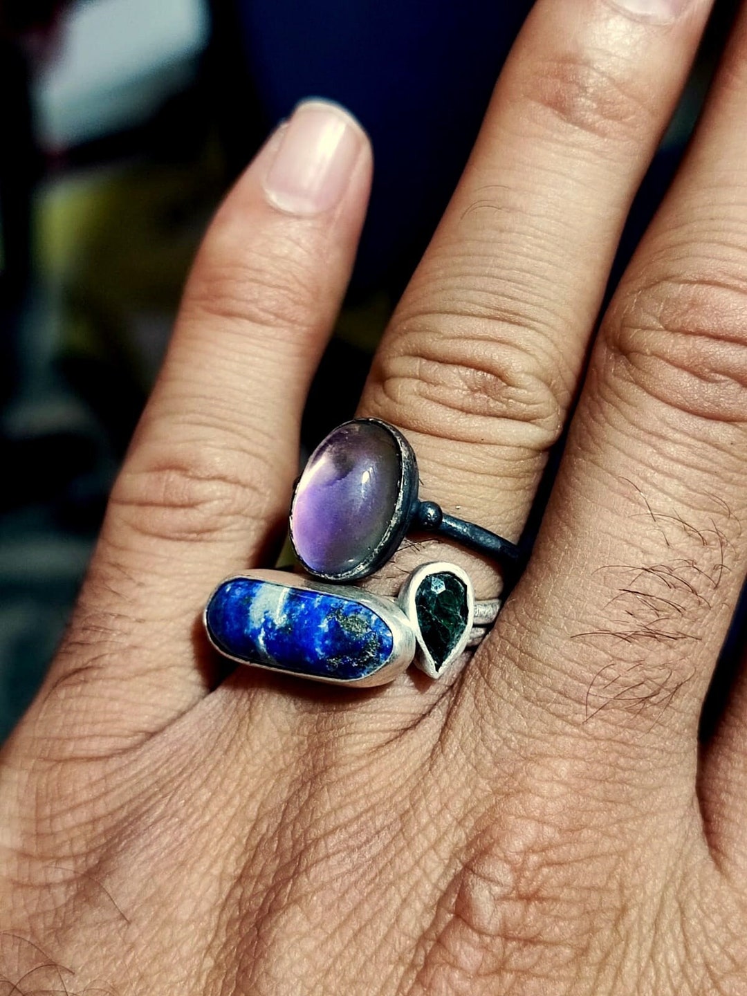 Emotion Feeling Mood Gemstone Ring , Flat Lapis Ring, Drop Emerald ...