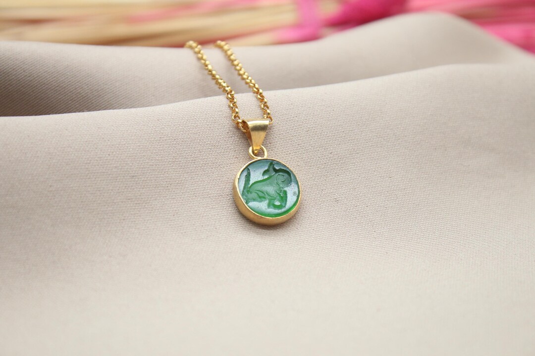 Handmade Capricorn Green Cameo Glass Silver Necklace, Vintage Zodiac ...