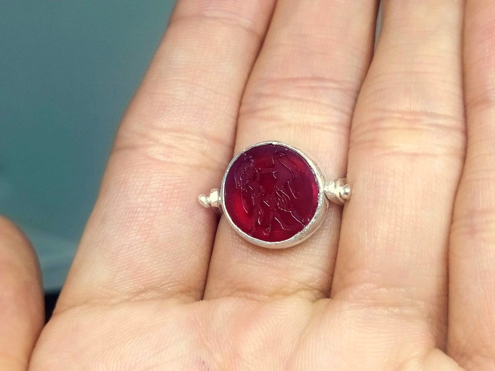 Gemini Intaglio Glass Silver Ring | Art Glass Ring 24K Gold Over ...