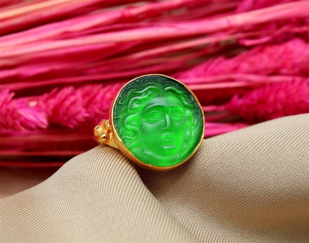 Medusa Intaglio Glass Silver Ring | Intaglio Art Glass Ring Gold Over ...
