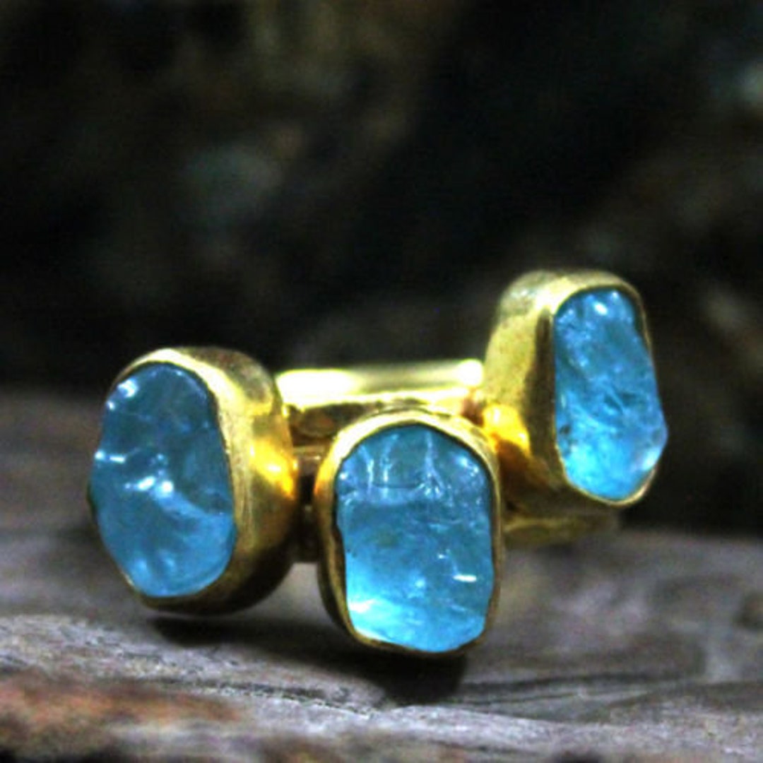 3 Pieces Raw Gemstone Apatite Ring Solid Silver | Gold Over Ring | Neon ...