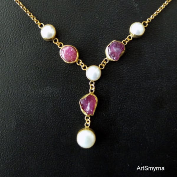 Ruby Necklace With Pearl - Etsy